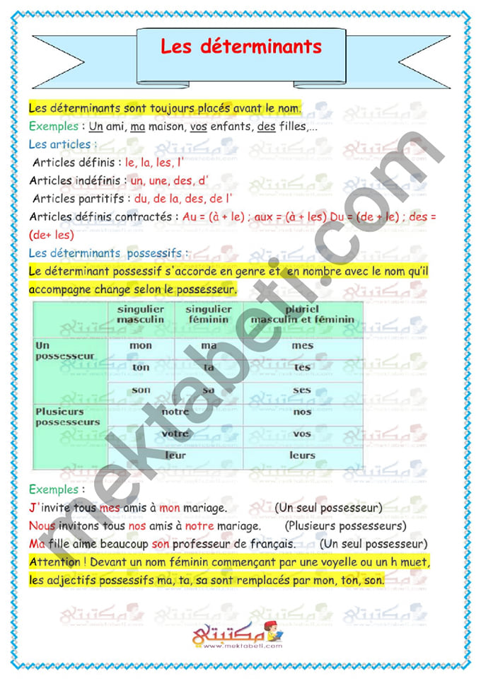 Français les déterminants - مكتبتي المنصة التعليمية