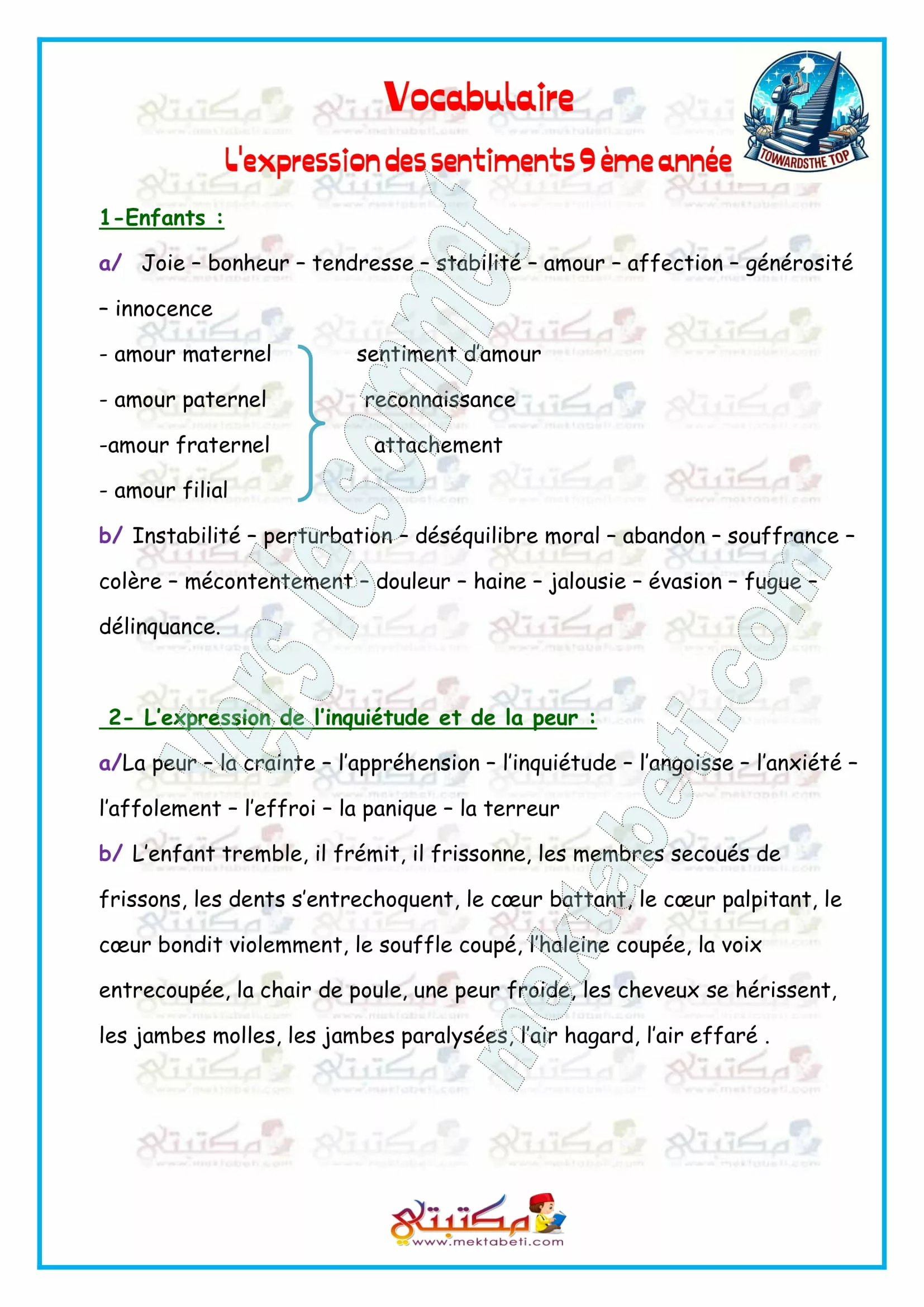 Vocabulaire l'expression des sentiments 9 ème année - مكتبتي المنصة ...